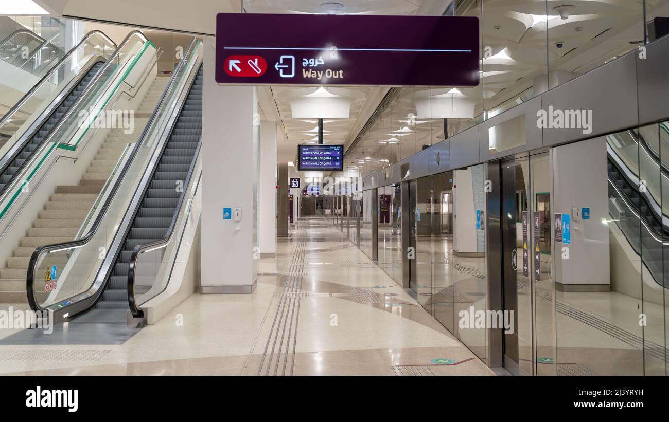 Doha, Qatar- March 03,2022: The interior of one of the metro station in ...