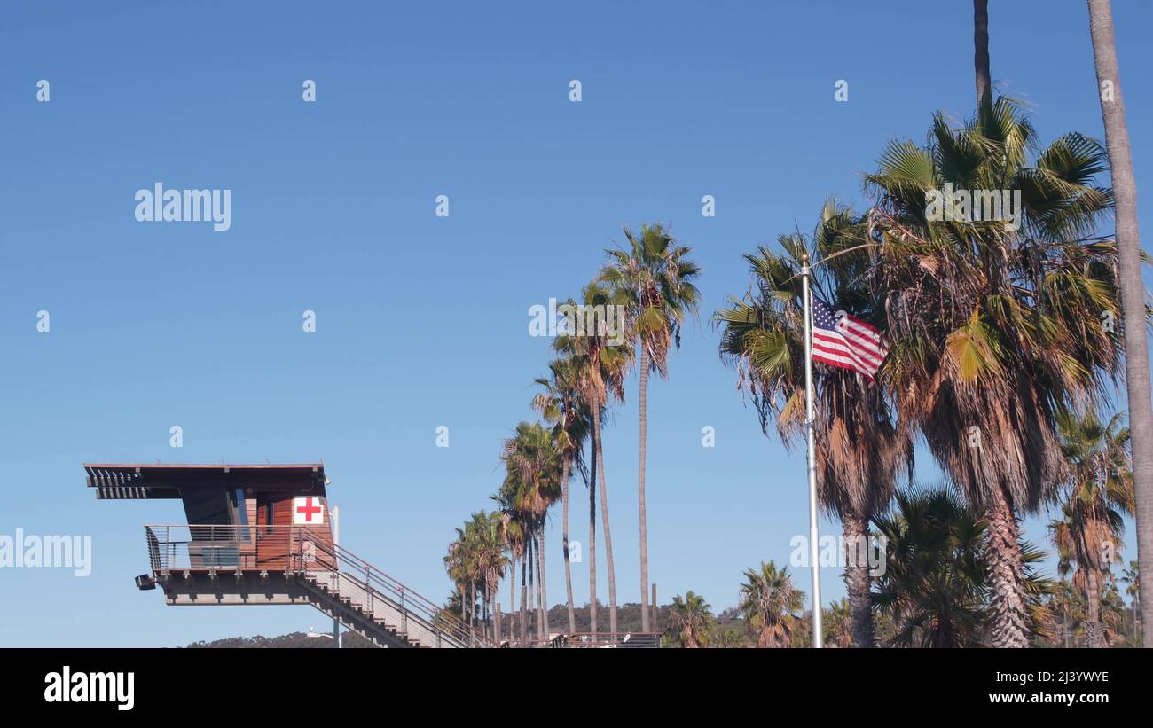 Lifeguard stand or life guard tower hut, surfing safety on California ...