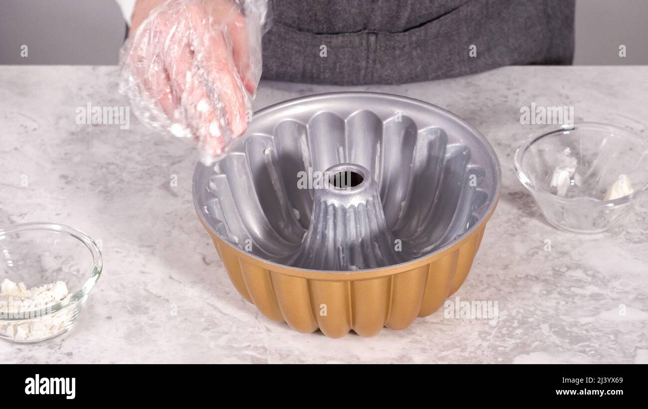 Step by step. Greasing bundt cake pan with vegetable shortening and ...