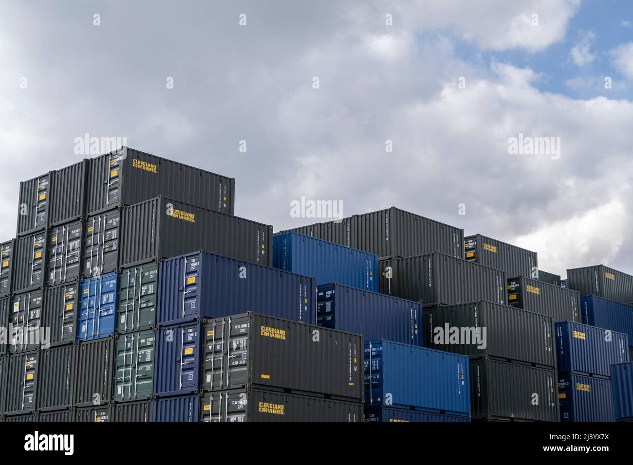 Stacks of shipping containers in the Port of Felixstowe, Suffolk, which ...