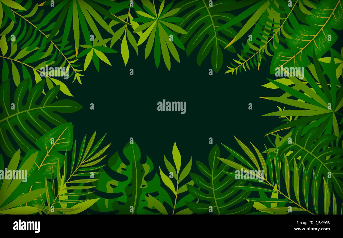 Tropic dark palm foliage banner green flat style. Exotic palm leaf ...