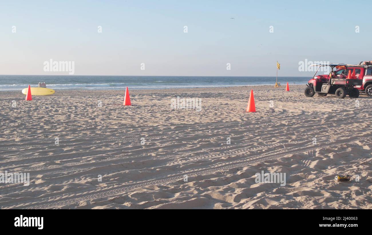 Lifeguard red pickup truck, life guard auto on sand, California ocean ...