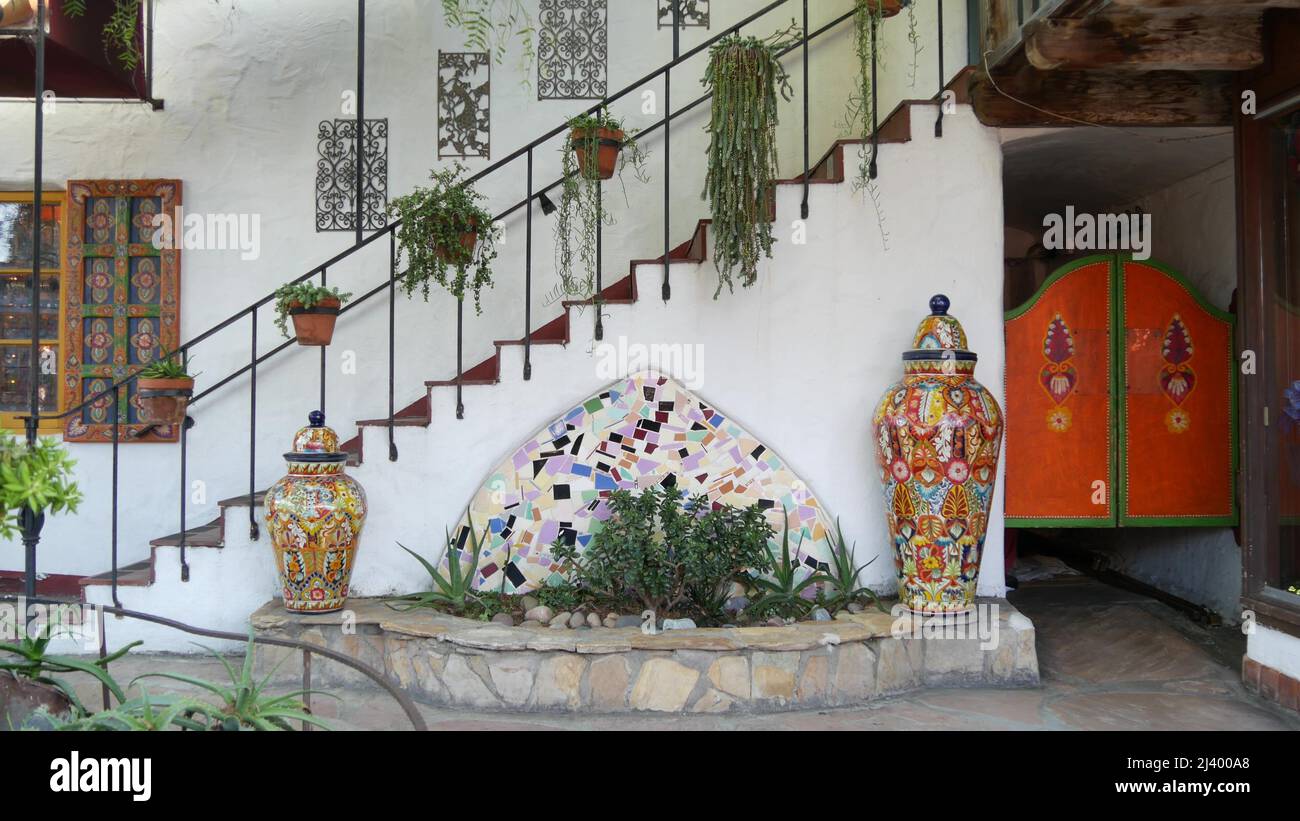 Mexican garden design in front yard, colorful ceramic painted decor ...