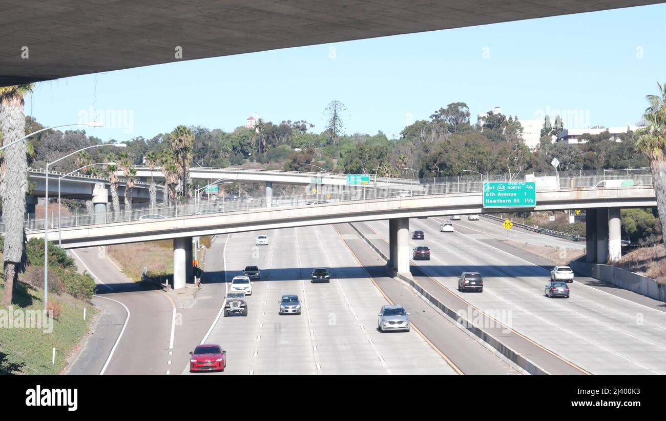 Multiple lane highway interchange or intersection, freeway overpass ...