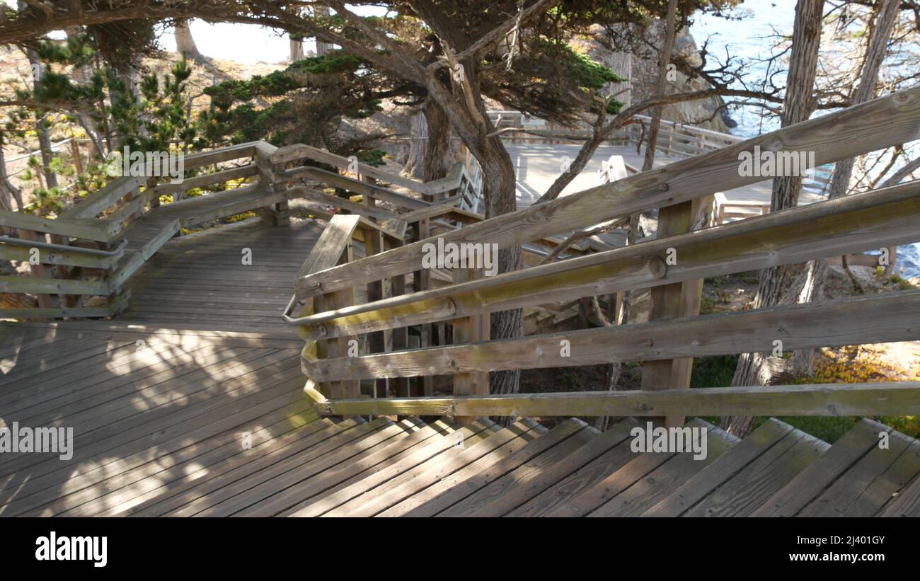 Wooden stairs to Lone Cypress viewpoint, scenic 17-mile drive tourist ...