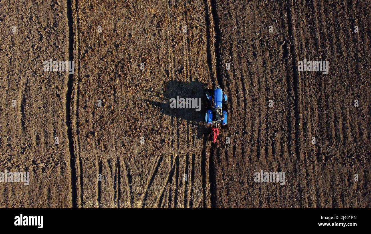 Tractor driver on tractor plows land. Aerial. Farmer in tractor plowing ...