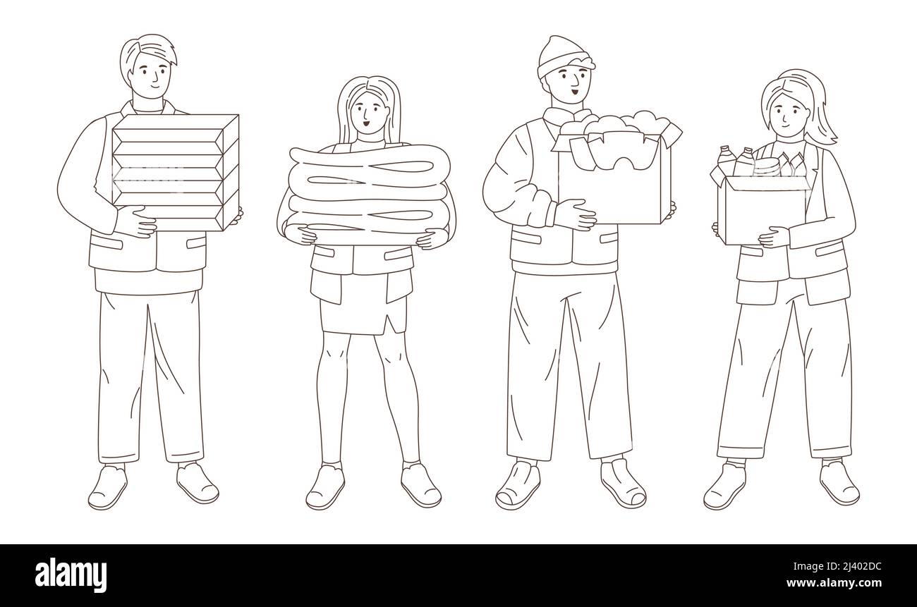 Volunteers with donations volunteering concept. Doodle helping poor ...
