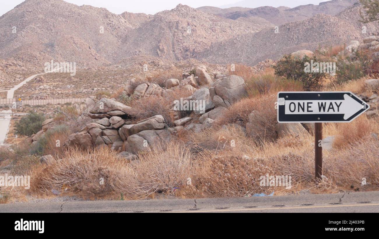 One way road transport sign with arrow on roadside or wayside, highway ...