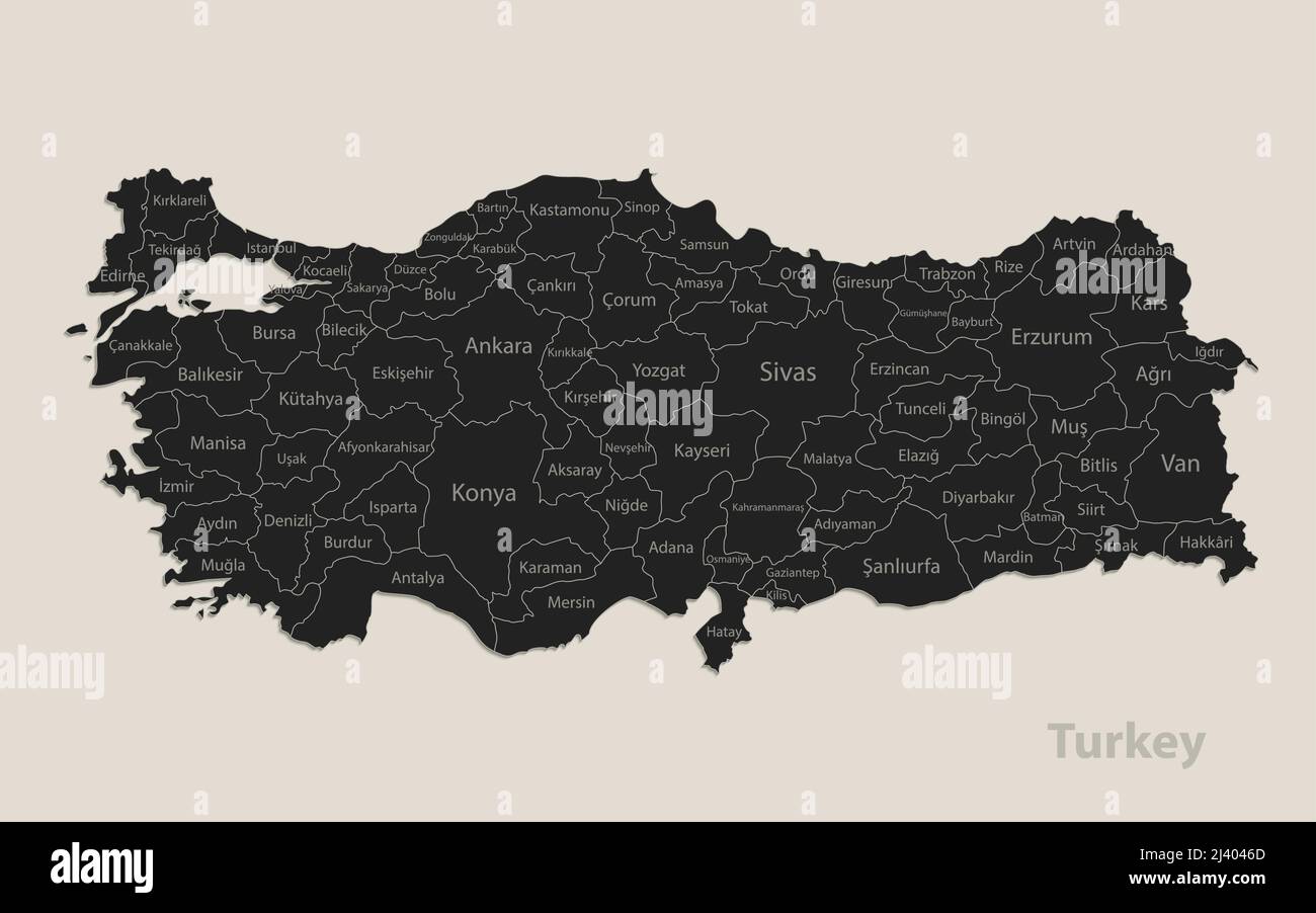 Black map of Turkey with names of regions, design blackboard vector ...