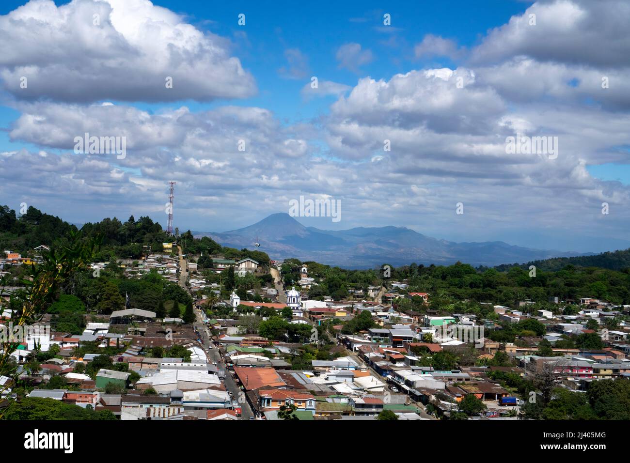 View of Ataco, town in El Salvador with center, houses, streets. Aerial ...