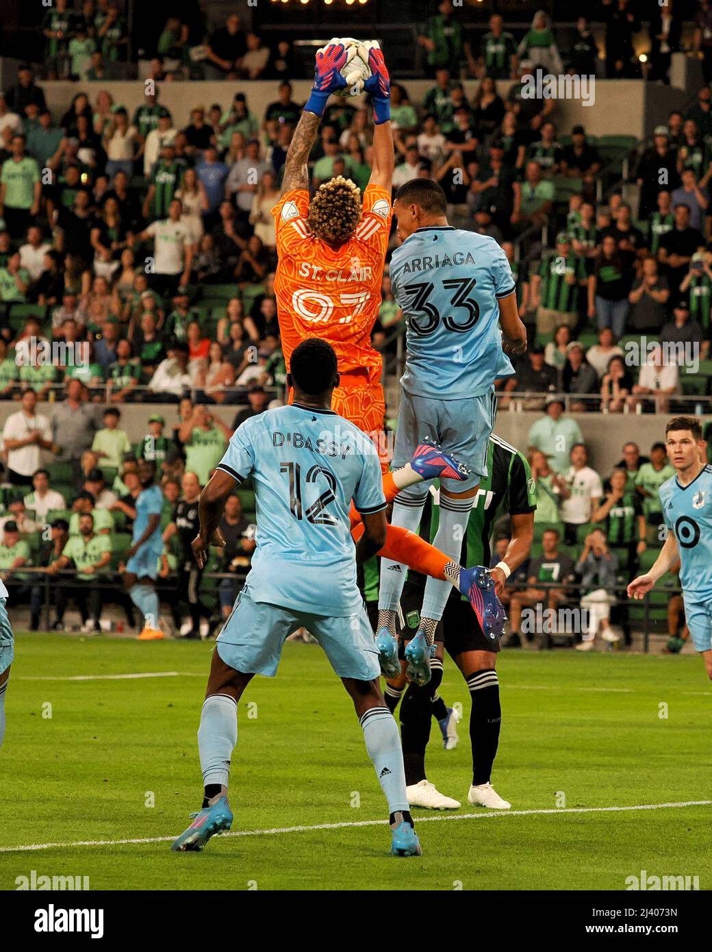 Texas, USA. 10th Apr, 2022. Dayne St. Clair #97 of the Minnesota United ...