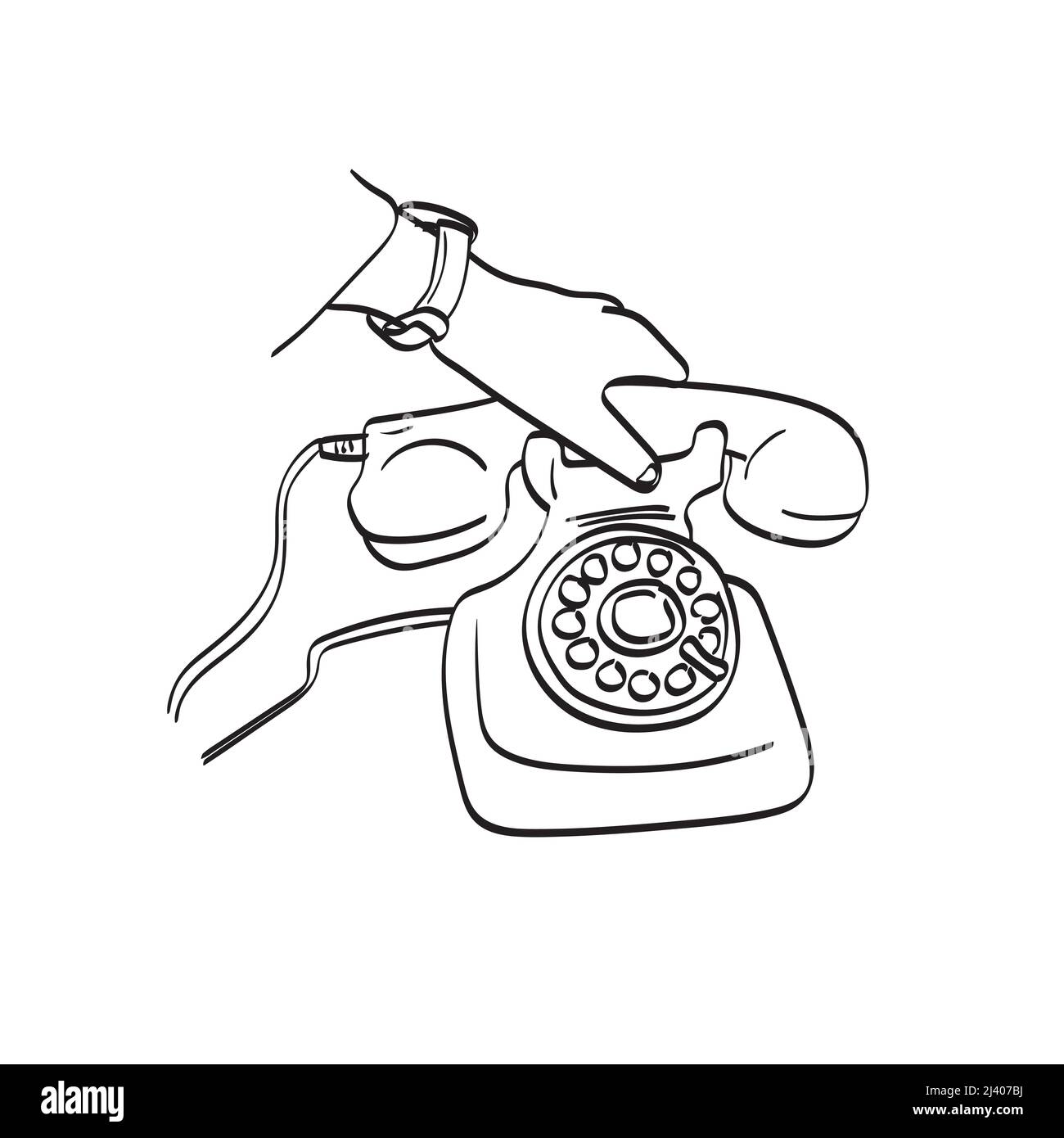 line art closeup hand holding retro telephone illustration vector hand ...