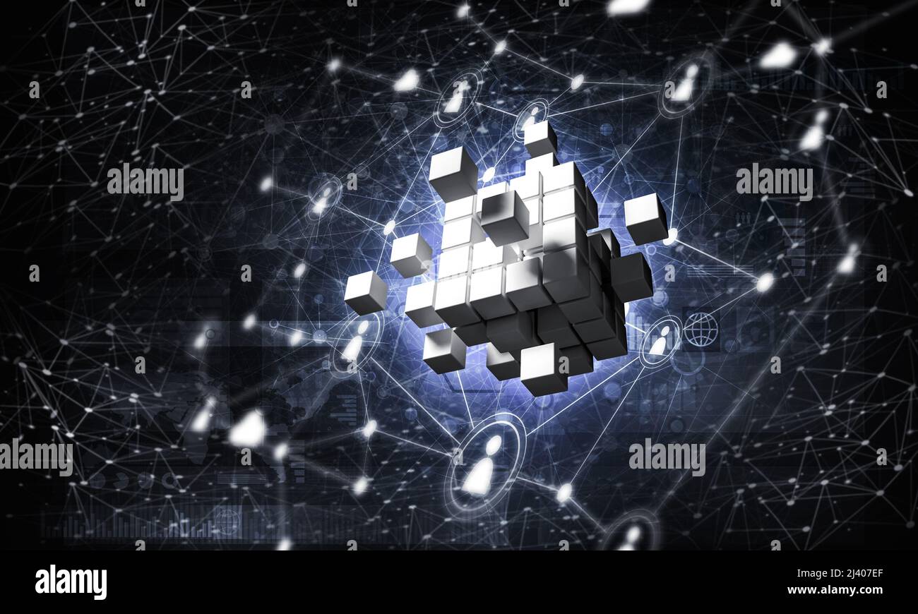 Concept of Internet and networking with digital cube figure on dark ...