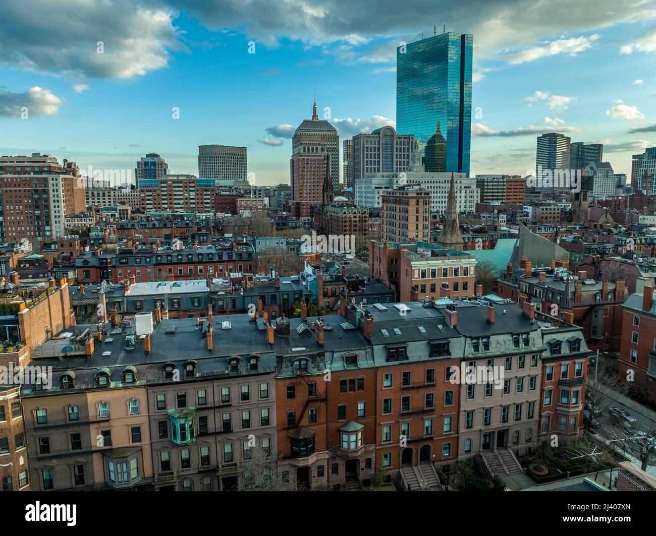 Aerial view of downtown Boston with red brick facade houses, hihg rise ...