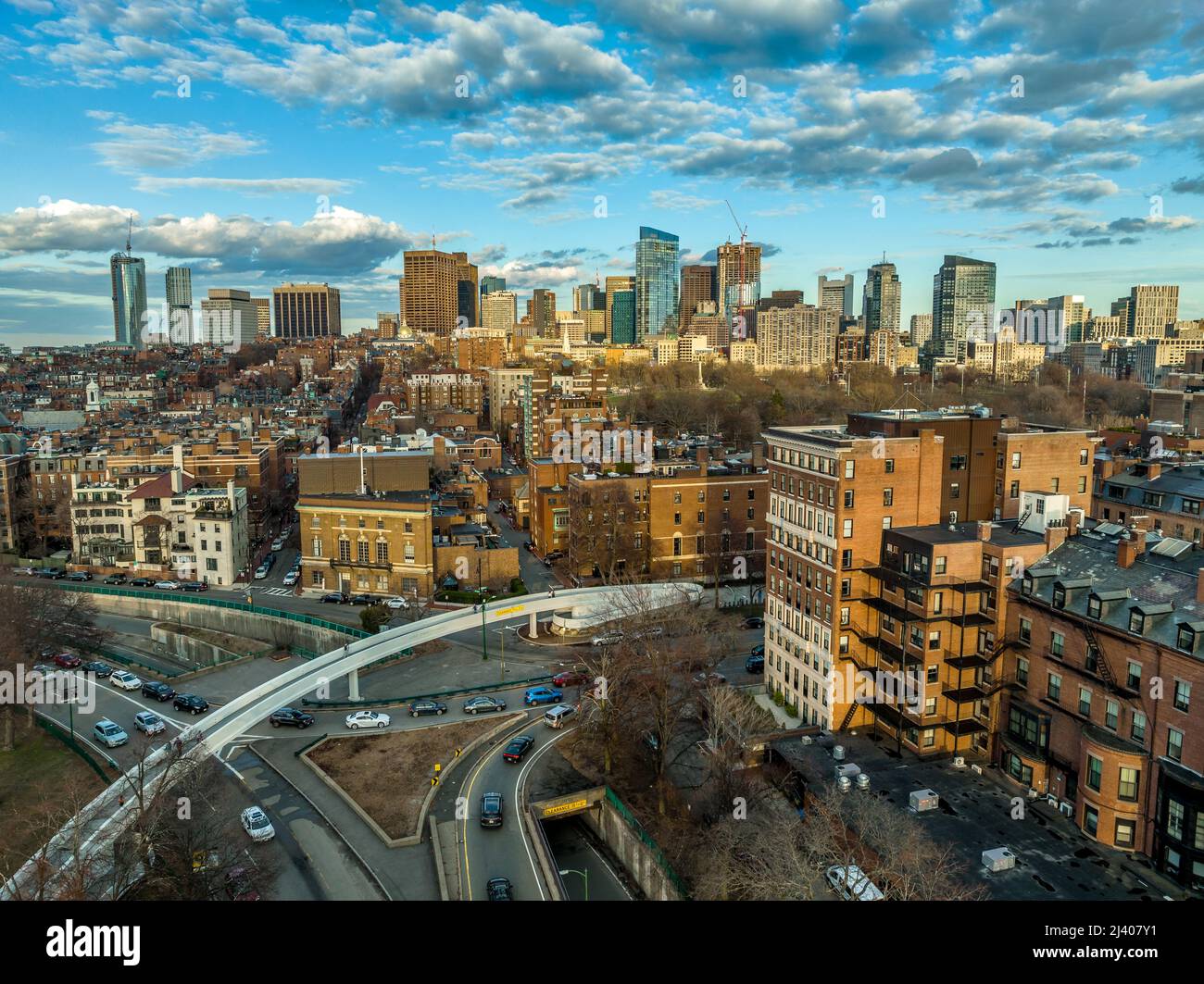 Aerial view of downtown Boston with red brick facade houses, hihg rise ...