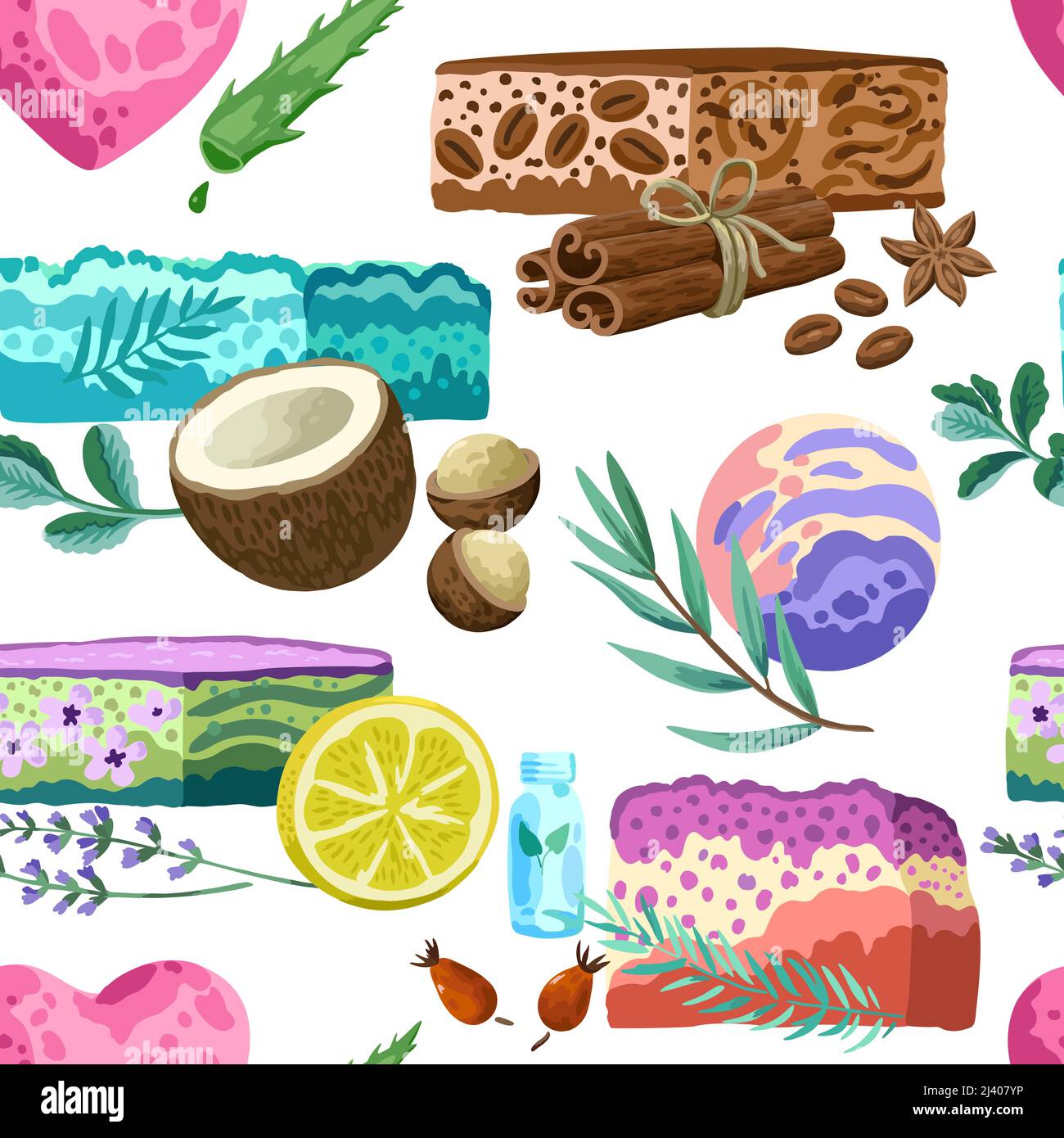 Seamless pattern with colorful hand made soap illustrations isolated on ...