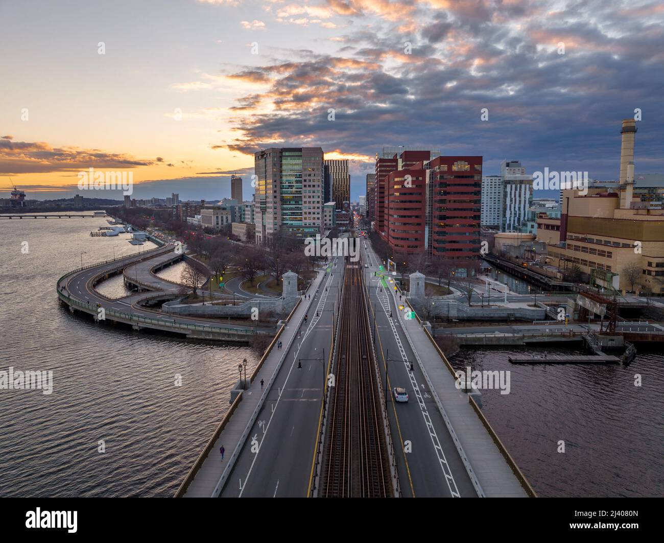 Aerial sunset view of Memorial drive and Main street near the MIT ...