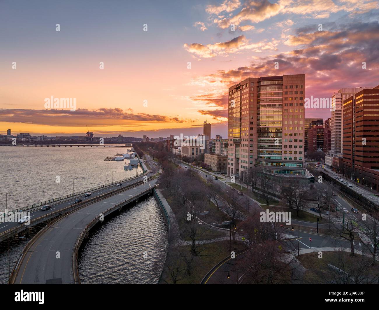 Aerial sunset view of Memorial drive and Main street near the MIT ...