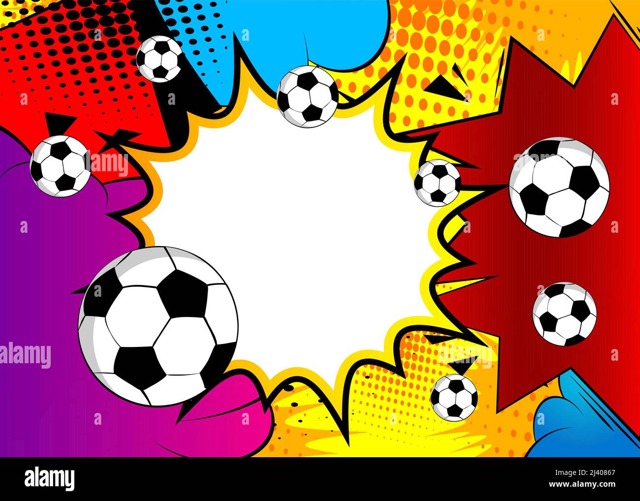 Comic book poster with football ball. Soccer balls on comics backdrop ...
