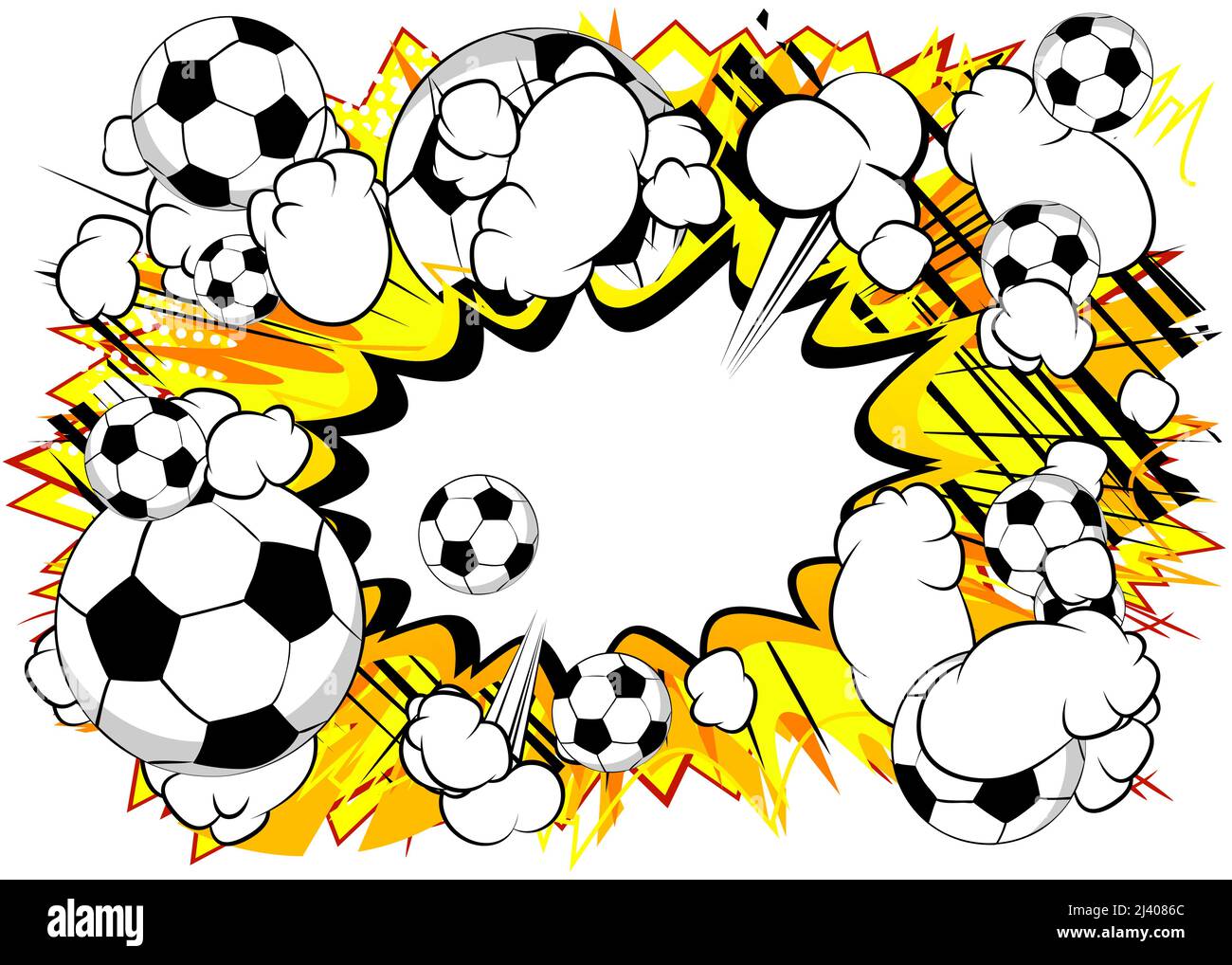 Comic book poster with football ball. Soccer balls on comics backdrop ...