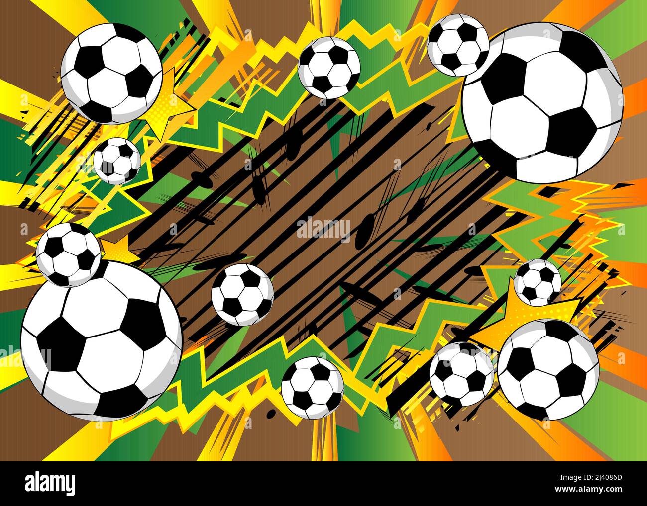 Comic book poster with football ball. Soccer balls on comics backdrop ...