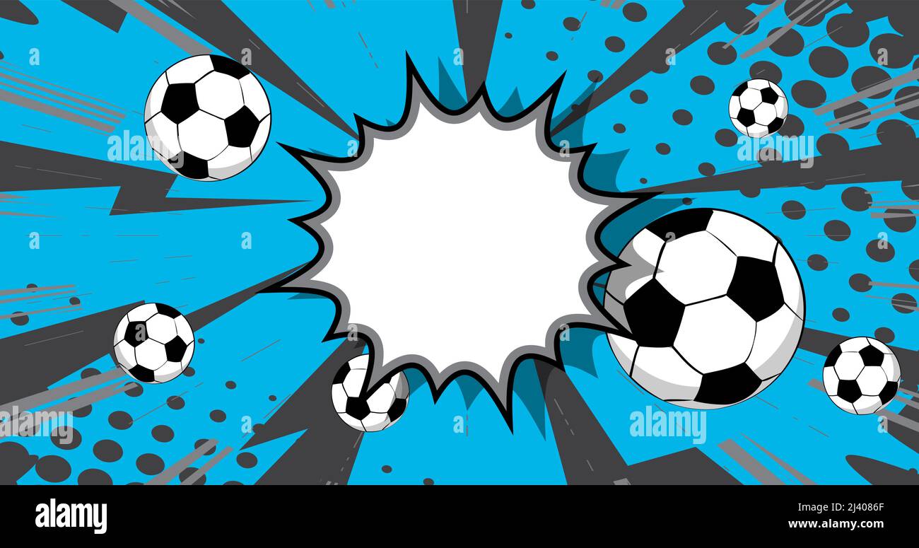 Comic book poster with football ball. Soccer balls on comics backdrop ...