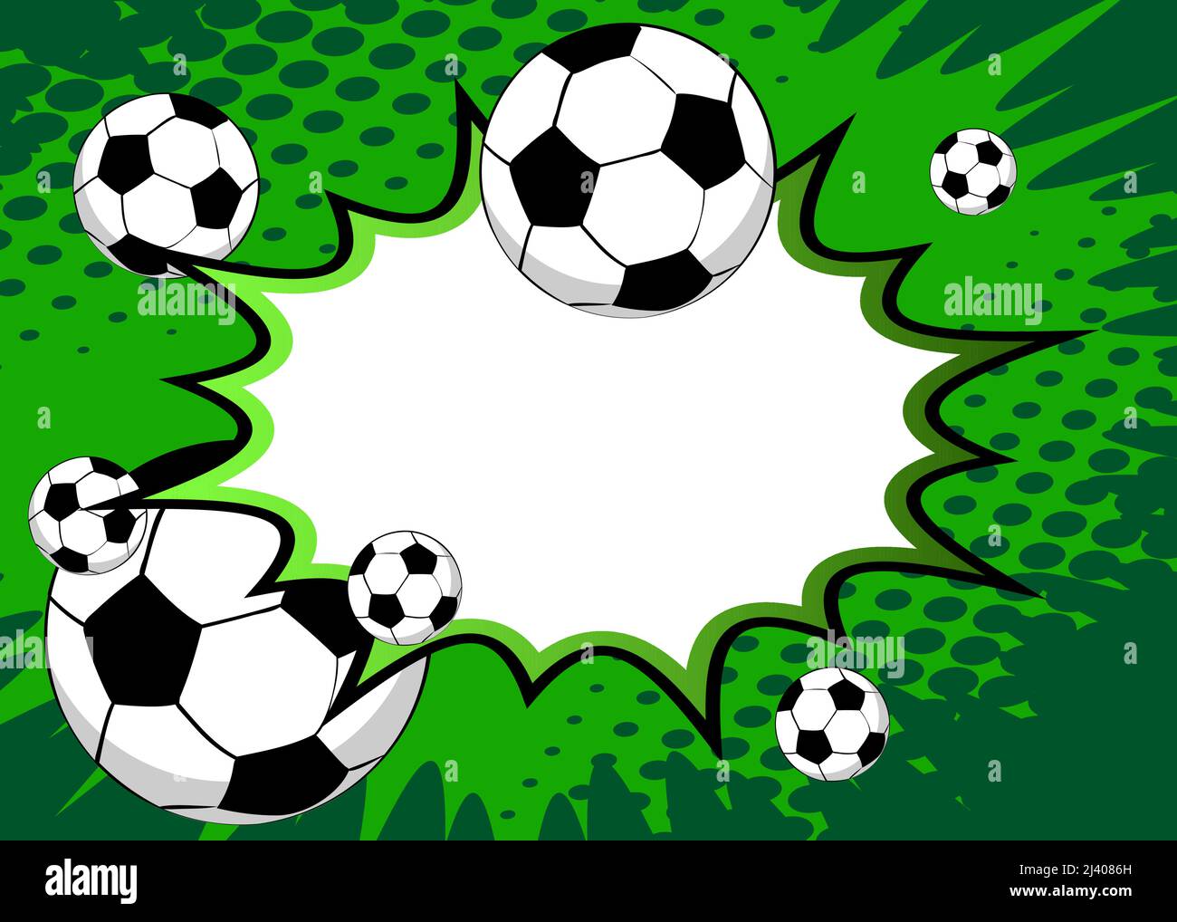 Comic book poster with football ball. Soccer balls on comics backdrop ...