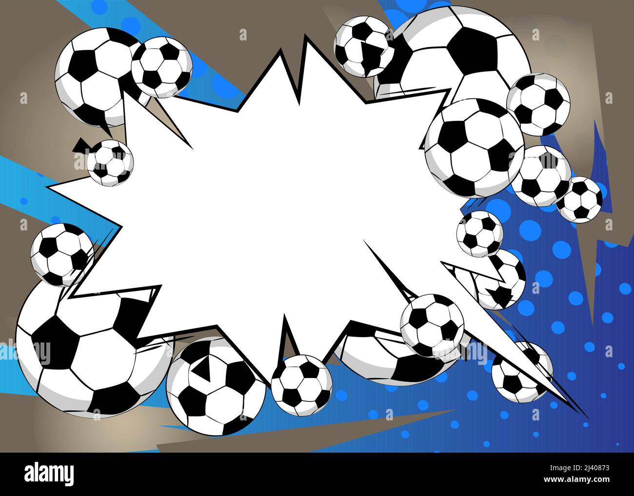 Comic book poster with football ball. Soccer balls on comics backdrop ...