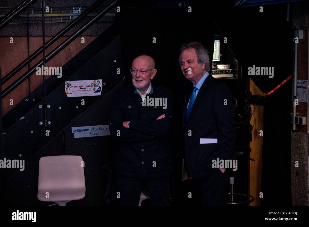L-R ; Jean-Francois Kahn and Franz-Olivier Giesbert arrive to the set ...