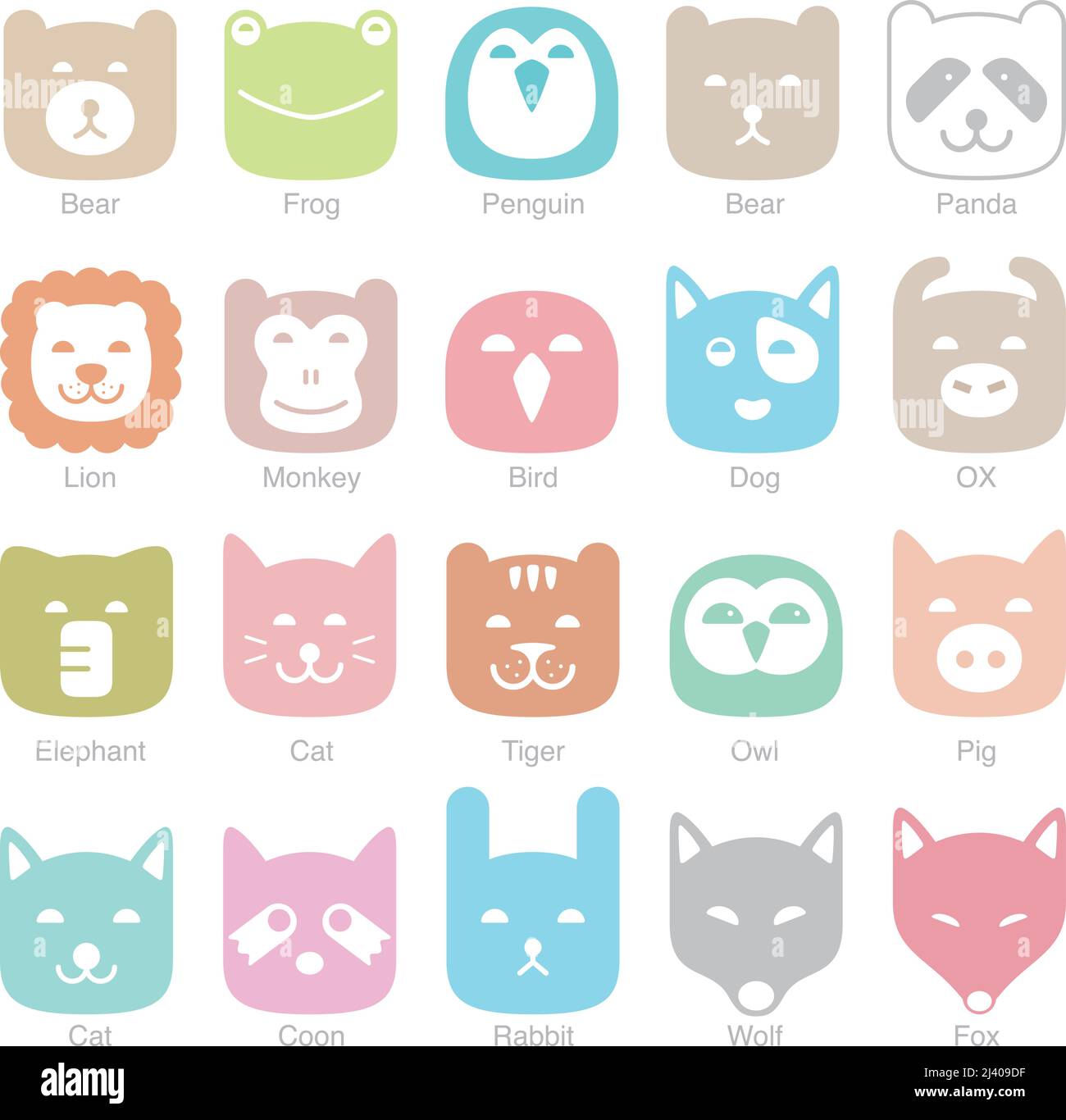 cute animal face flat icon set, vector illustration Stock Vector Image ...