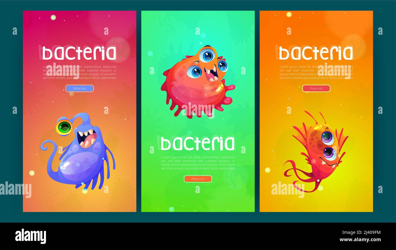 Bacteria posters with cute germ and microbe characters. Vector medical ...