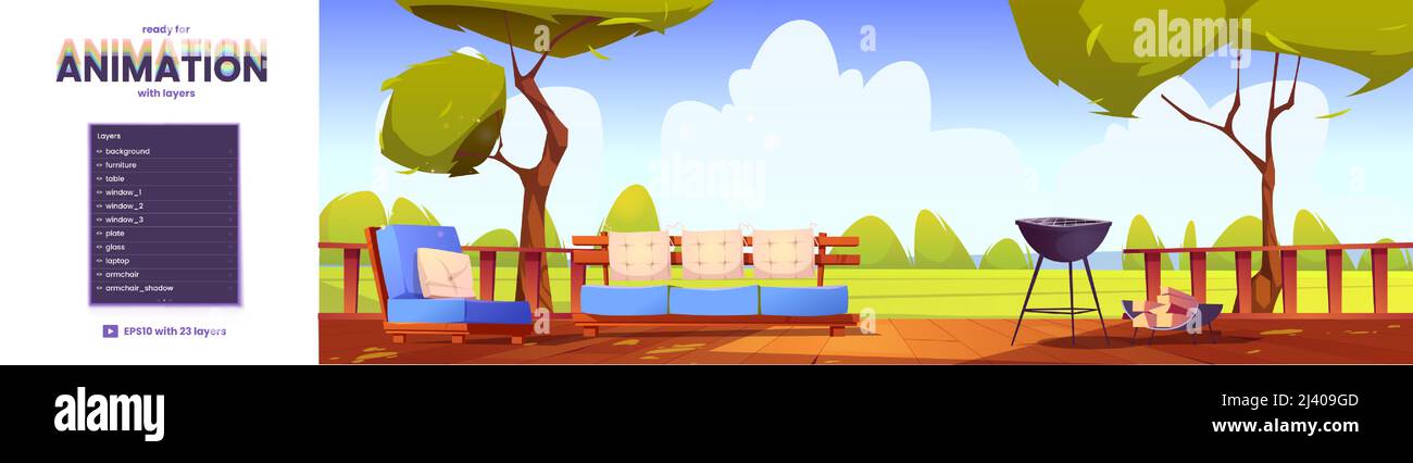 Outdoor home terrace 2d layers ready for game animation. Wooden patio ...