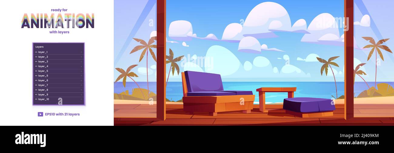 Wooden home terrace with tropical seascape view animation layers for 2d ...
