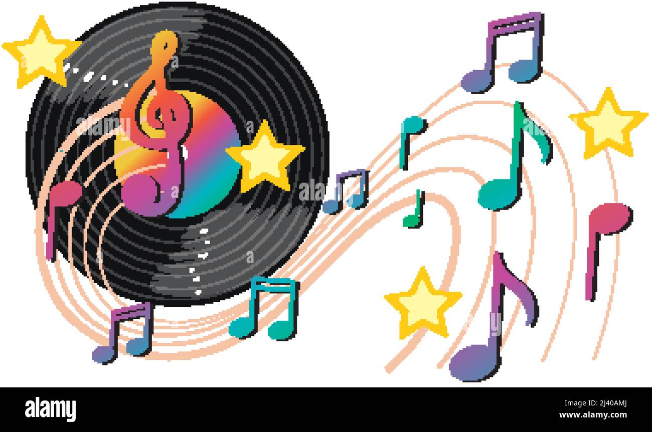 Music notes rainbow colourful with vinyl record on white background ...