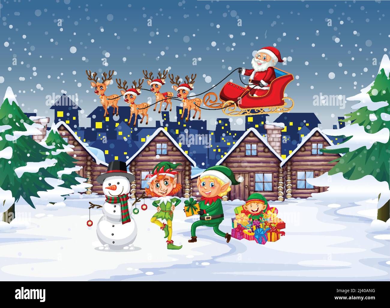 Snowy night scene with Christmas cartoon characters illustration Stock ...