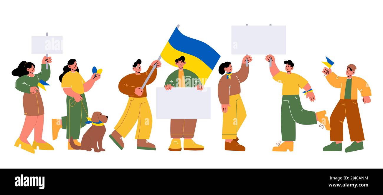 Riot against war on Ukraine, people holding yellow and blue Ukrainian ...