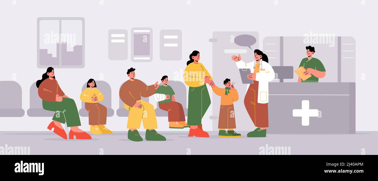 Hospital hallway with visitors on chairs waiting in queue. Doctor ...