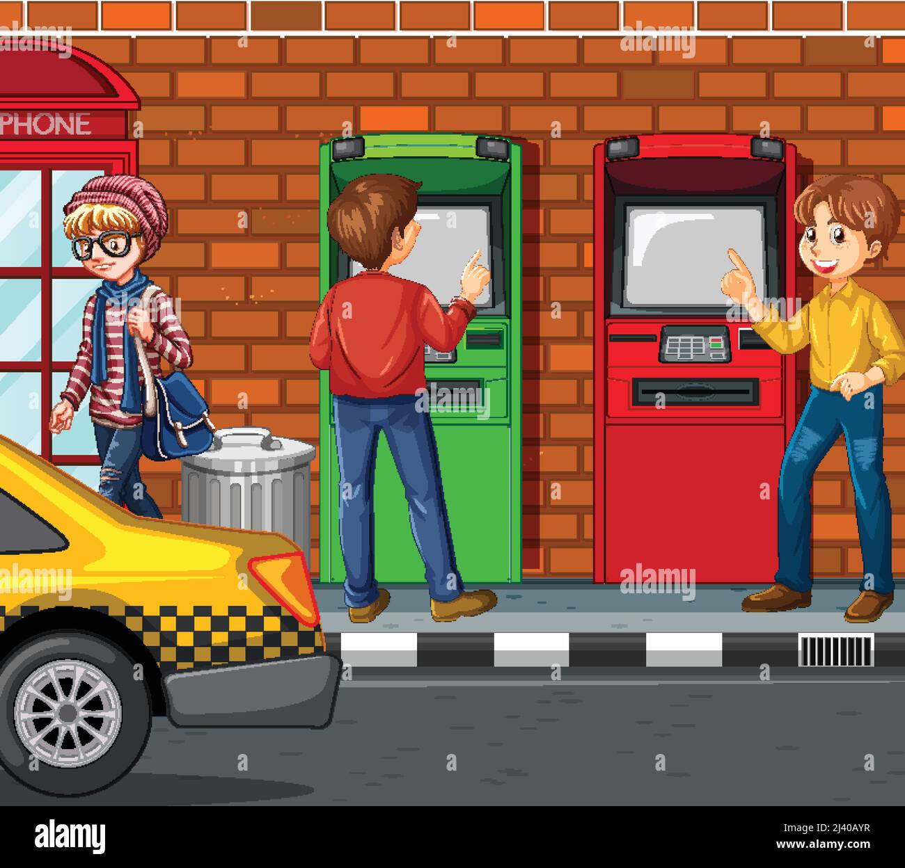 ATM machine street scene with people illustration Stock Vector Image ...
