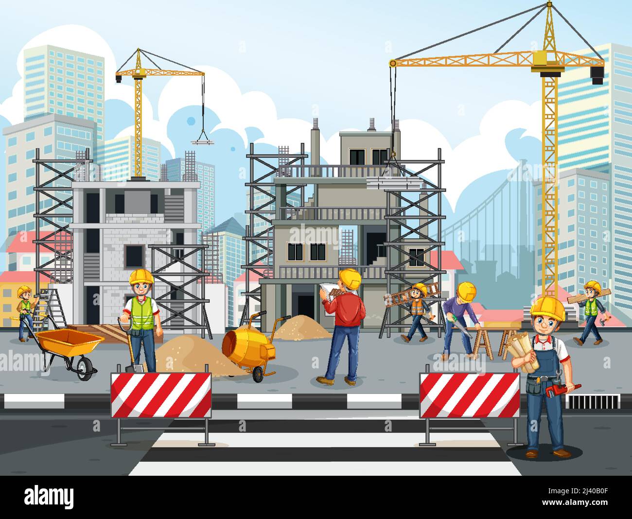 Building construction site with workers illustration Stock Vector Image ...