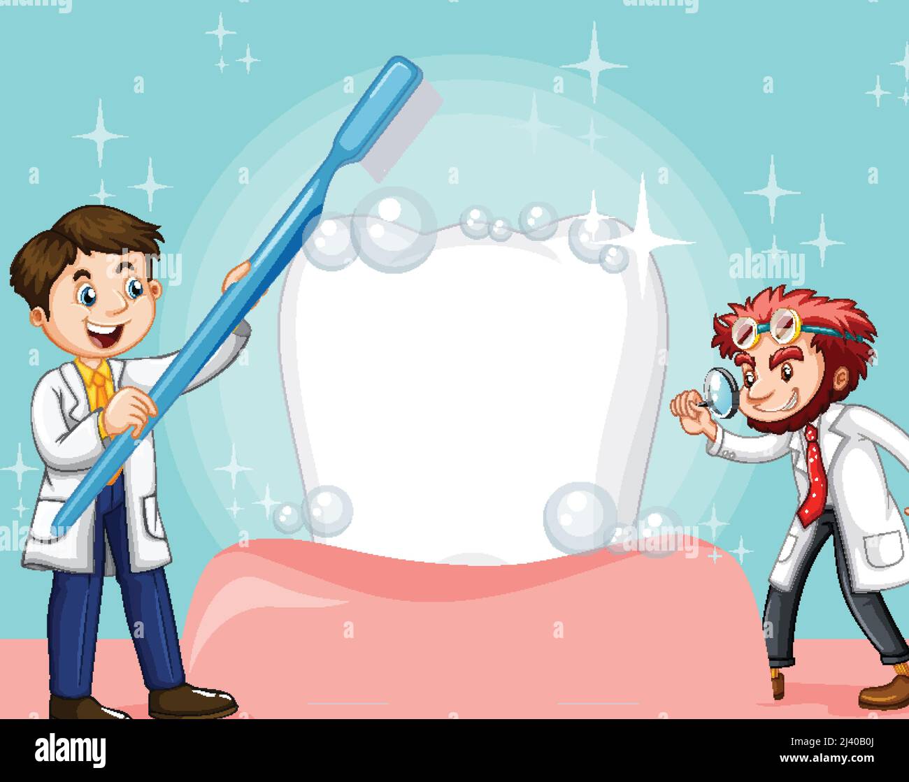 Dentist brushing bit tooth with a toothbrush on light blue background ...