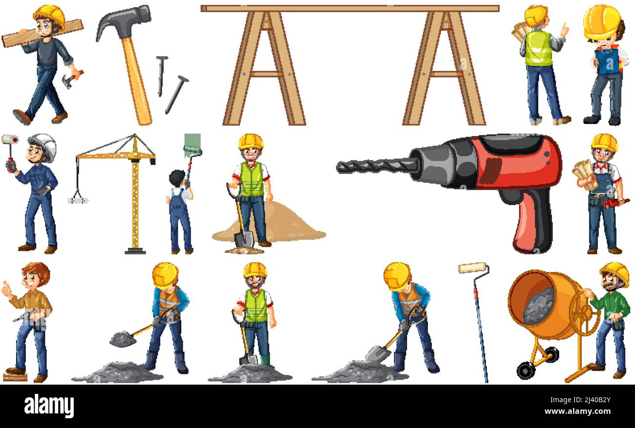 Construction worker set with man and tools illustration Stock Vector Image & Art - Alamy