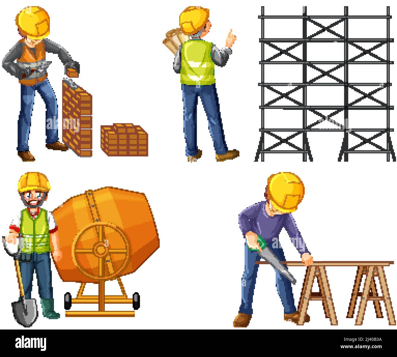 Set of construction site objects and workers illustration Stock Vector ...