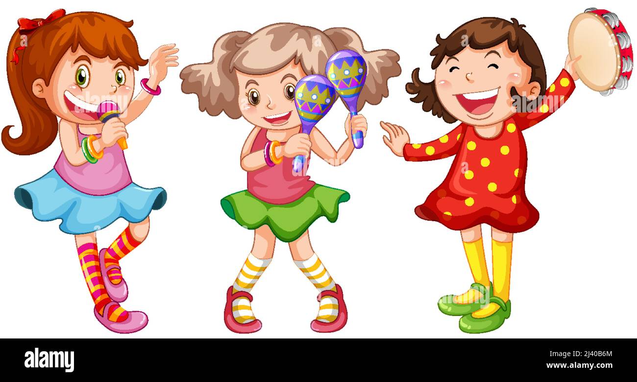 Happy girls with music instruments illustration Stock Vector Image ...