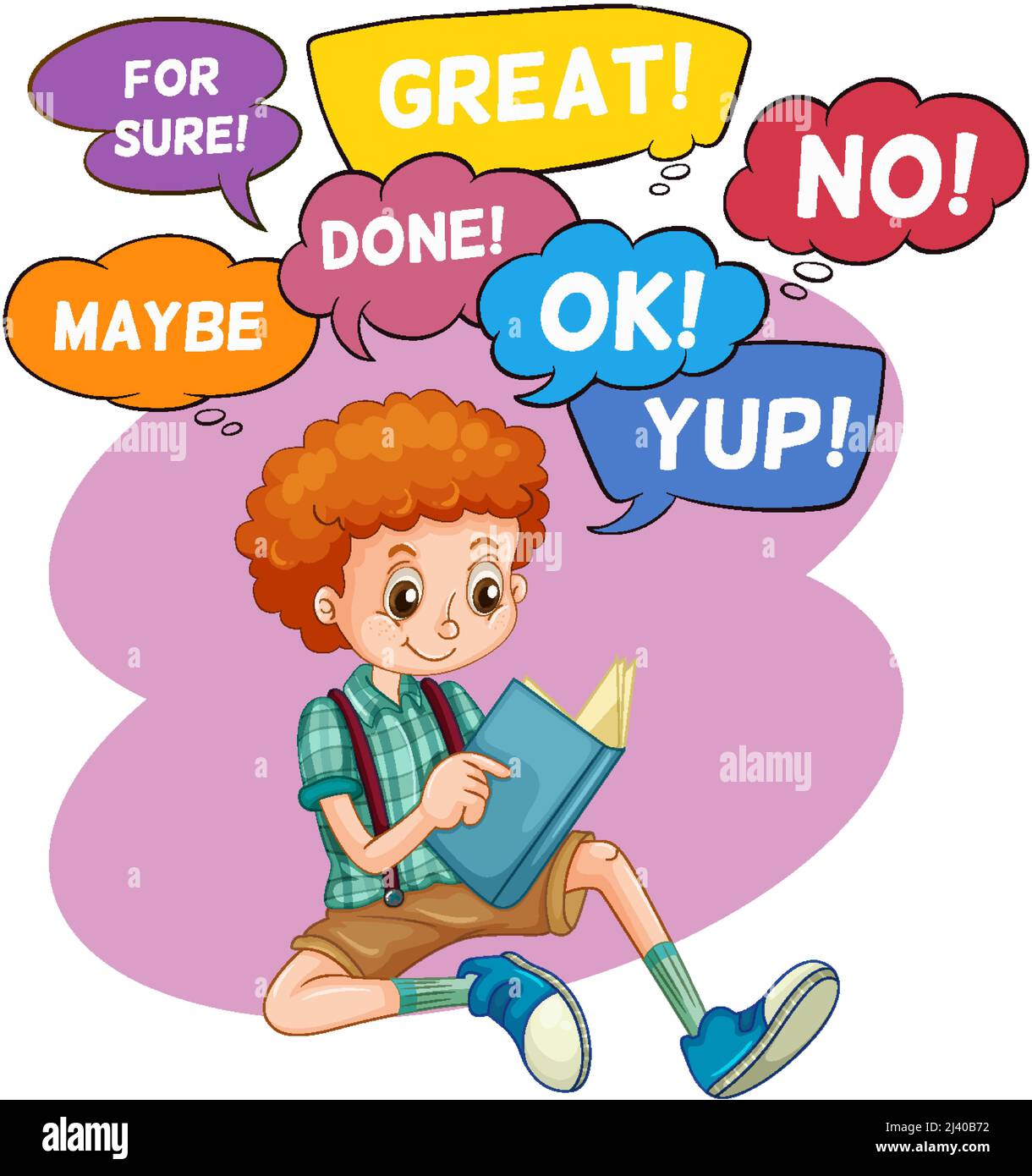 Speech bubbles with boy reading book illustration Stock Vector Image ...