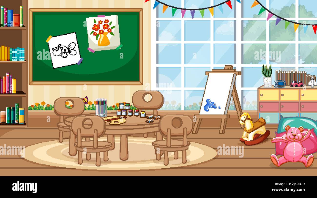 Scene with table and chairs in classroom illustration Stock Vector ...