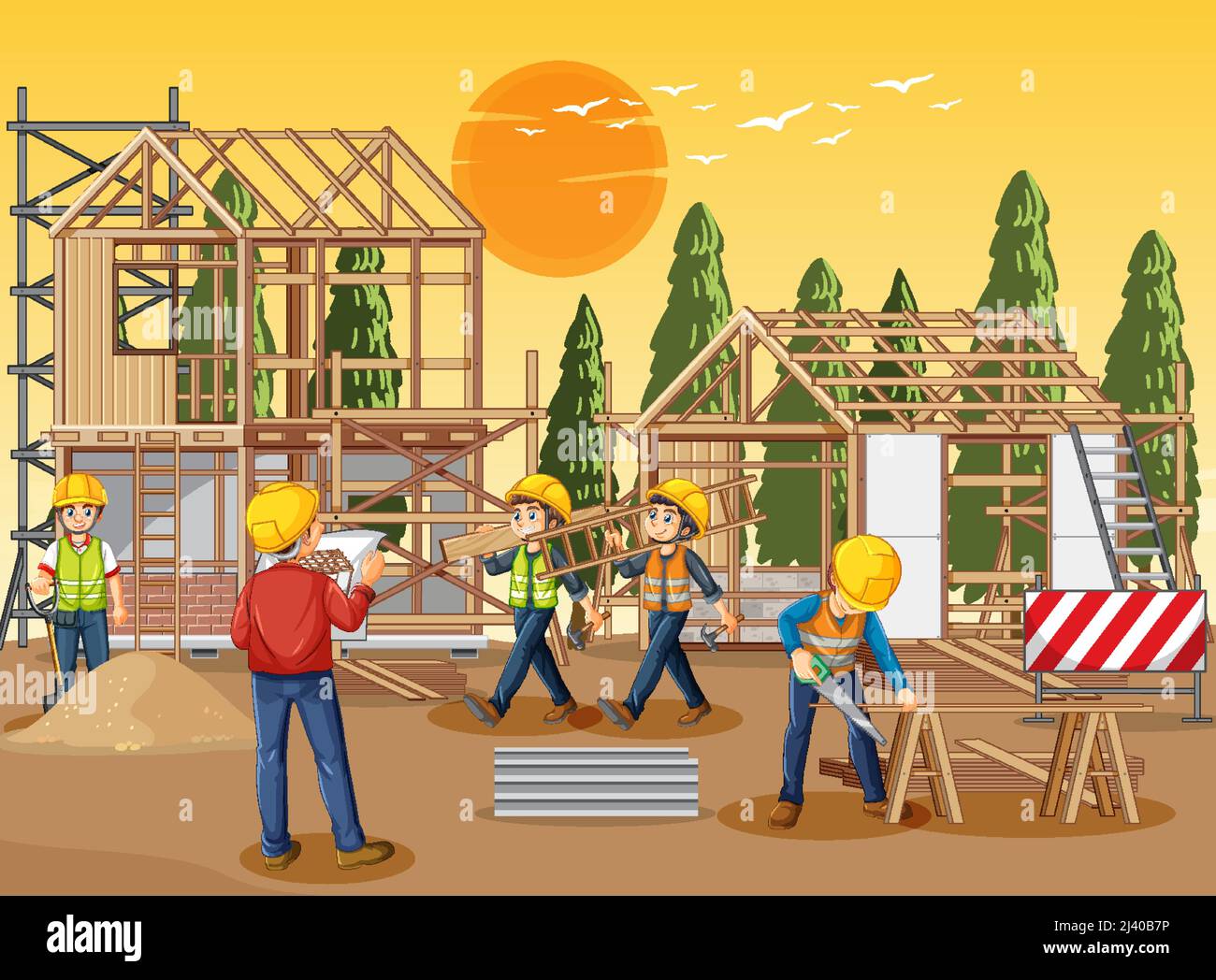 Construction site with workers illustration Stock Vector Image & Art ...