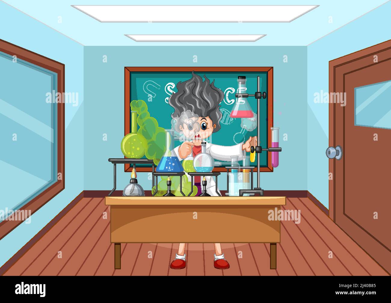 Classroom scene with scientist doing experiment illustration Stock ...