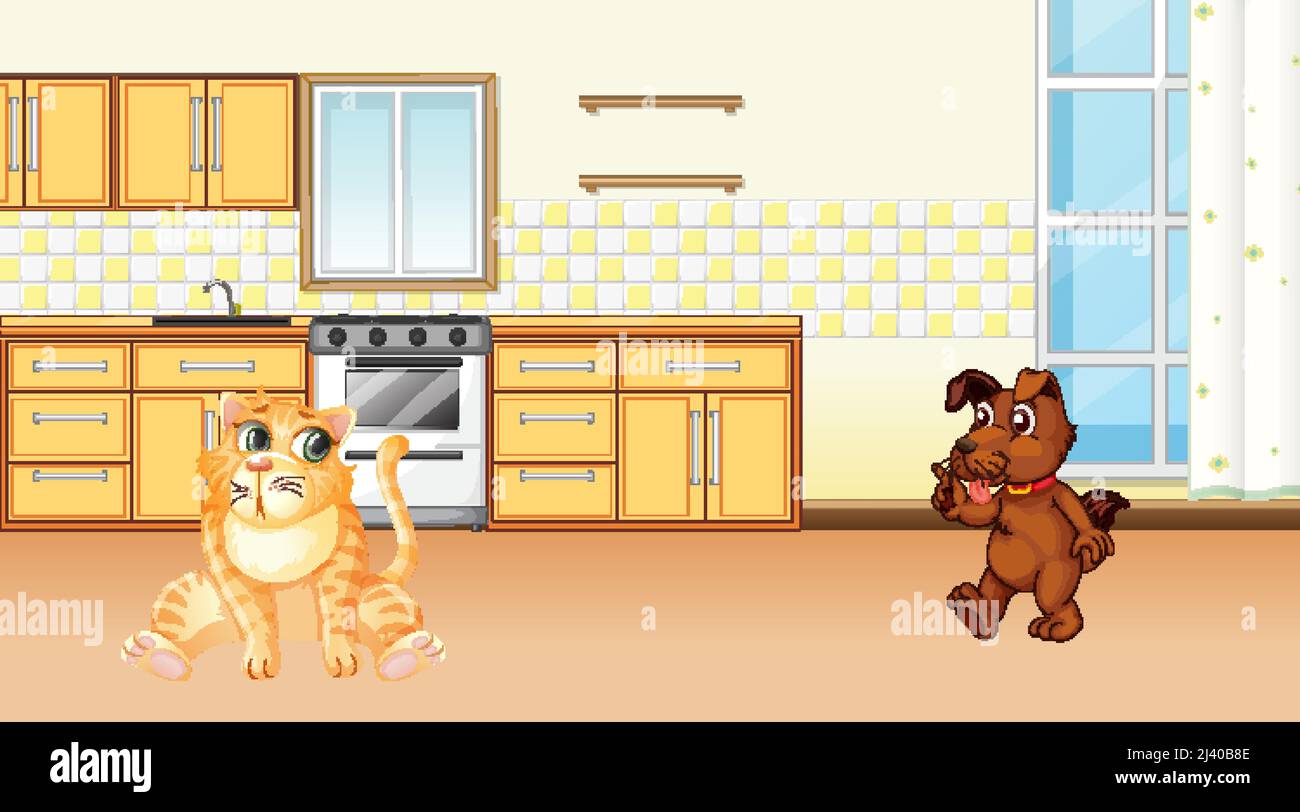 Set of different domestic animals in kitchen illustration Stock Vector ...