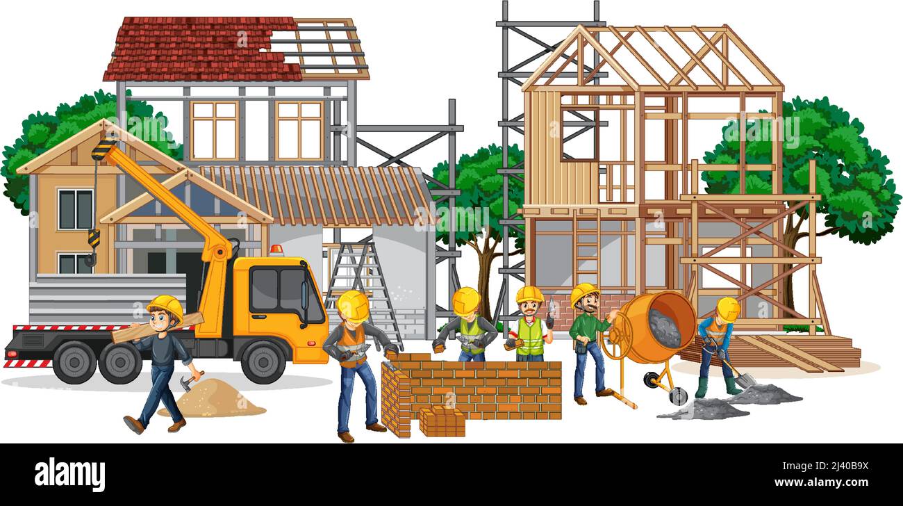 Isolated construction site with workers illustration Stock Vector Image ...