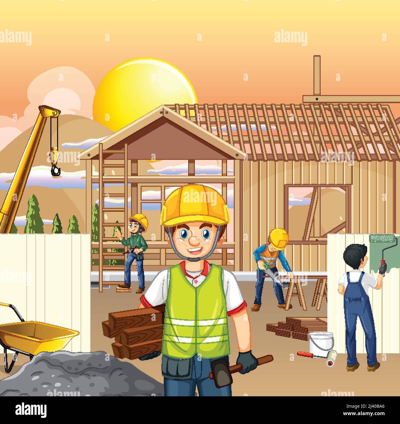Building construction site with workers illustration Stock Vector Image ...